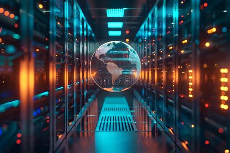 High Tech Data Center With Glowing 3d Globe Stock Illustration Illustration Of Database