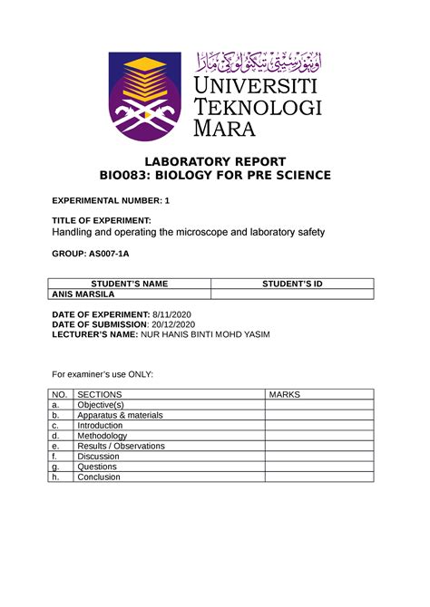 Bio083 Lab Report 1 SECTIONS LABORATORY REPORT BIO083 BIOLOGY FOR PRE SCIENCE EXPERIMENTAL