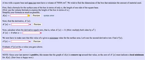 solved a box with a square base and open top must have a