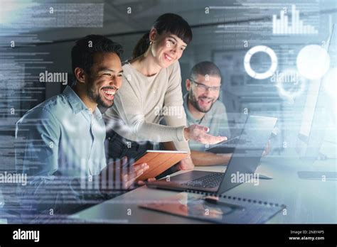 Teamwork Laptop Hologram And People Success In Data Analytics Cyber