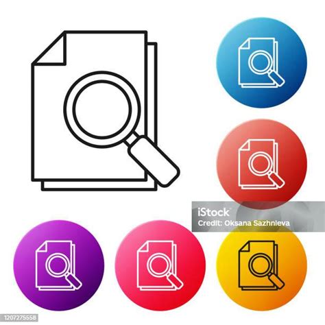 흰색 배경에 격리 된 검색 아이콘이있는 검은 색 선 문서입니다 파일 및 돋보기 아이콘입니다 분석 연구 기호입니다 아이콘 다채로운 원 버튼을 설정합니다 벡터 일러스트레이션 0