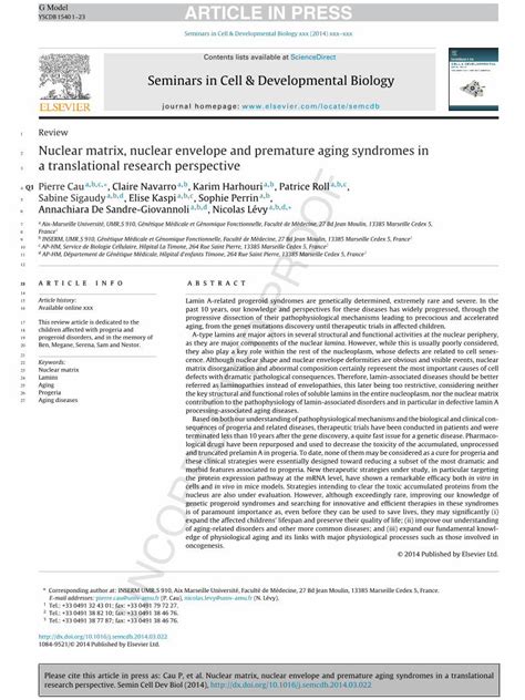 Pdf Nuclear Matrix Nuclear Envelope And Premature Aging Syndromes In