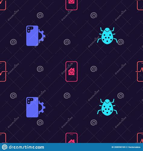 Set System Bug Phone Repair Service Mobile With Smart Home And On Seamless Pattern Vector