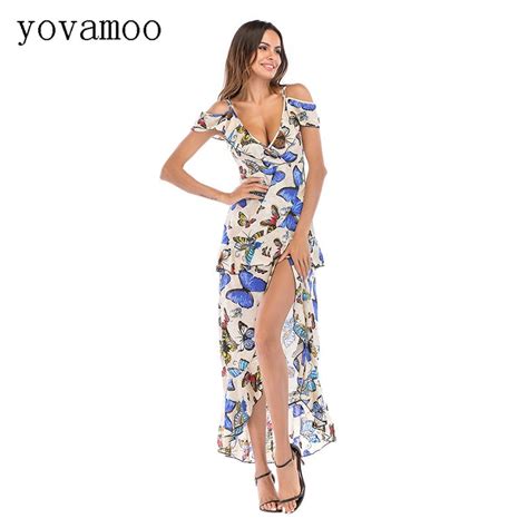 Yovamoo 롱 맥시 비치 여름 드레스 여성용 나비 프린트 딥 브이넥 프론트 하이 스플릿 비대칭 캐미 드레스 2018
