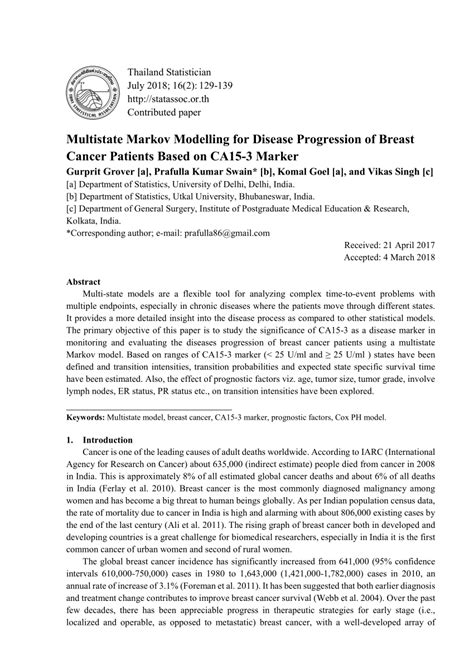 Pdf Multistate Markov Modelling For Disease Progression Of Breast