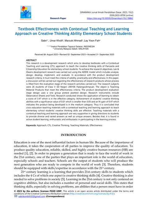 Pdf Textbook Effectiveness With Contextual Teaching And Learning