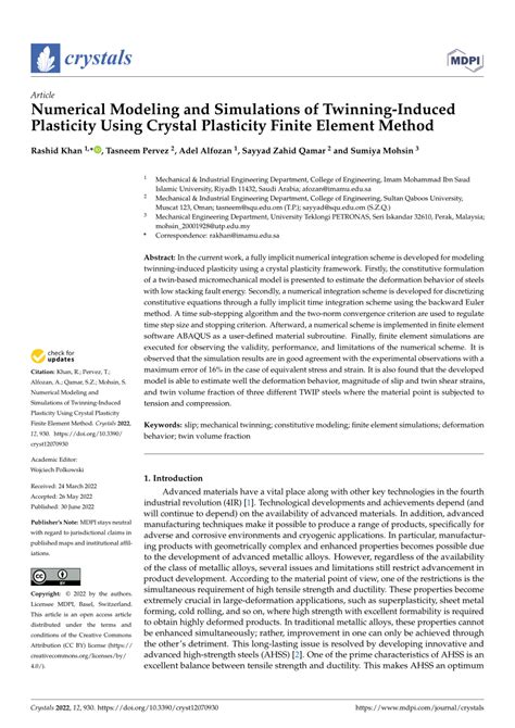 Pdf Numerical Modeling And Simulations Of Twinning Induced Plasticity Using Crystal Plasticity