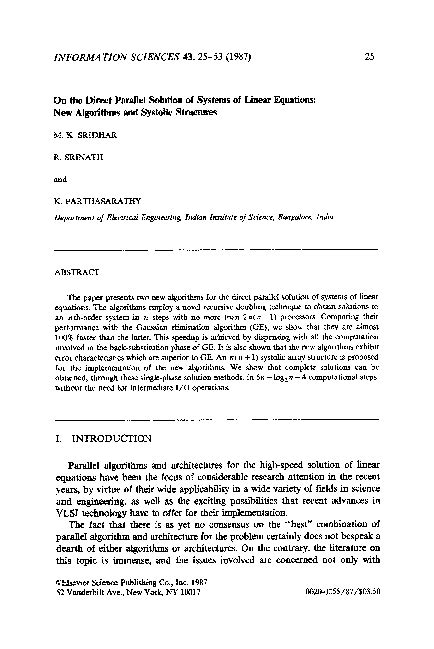 Pdf On The Direct Parallel Solution Of Systems Of Linear Equations New Algorithms And