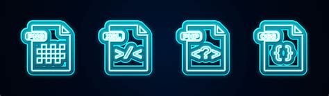 Set Line Png File Document Xsl Php And Css Glowing Neon Icon Vector Stock Illustration