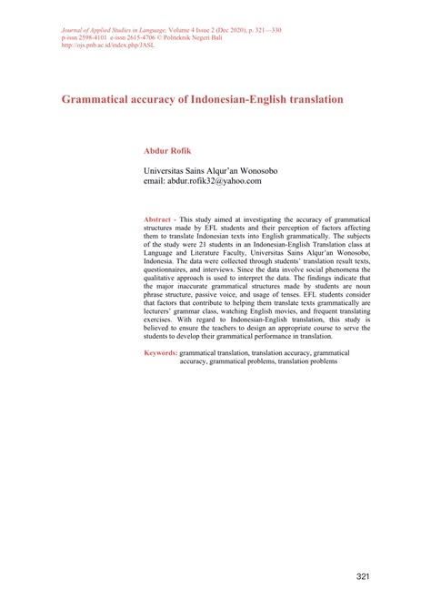 Pdf Grammatical Accuracy Of Indonesian English Translation