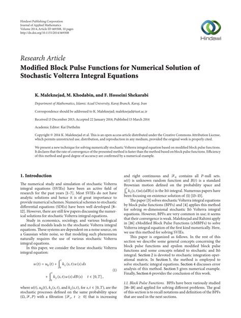 Pdf Modified Block Pulse Functions For Numerical Solution Of Stochastic Volterra Integral