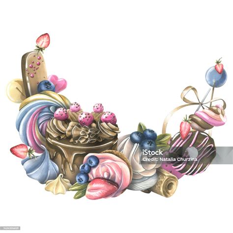 케이크 컵 케이크 마시멜로 머랭 롤리팝 및 열매 수채화 그림 과자의 큰 세트에서 구성 주방 용품 인쇄물 메뉴 로고의 장식 및