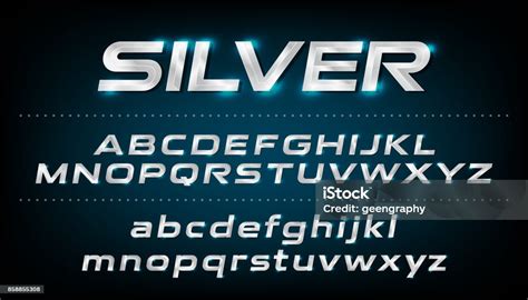 알파벳 글꼴입니다 어두운 배경에 메탈 릭 실버 효과 기울임꼴 편지 알파벳 벡터 서체 빛나는 텍스트 효과입니다 Abc 소문자 및 대문자 문자 금속에 대한 스톡 벡터 아트 및