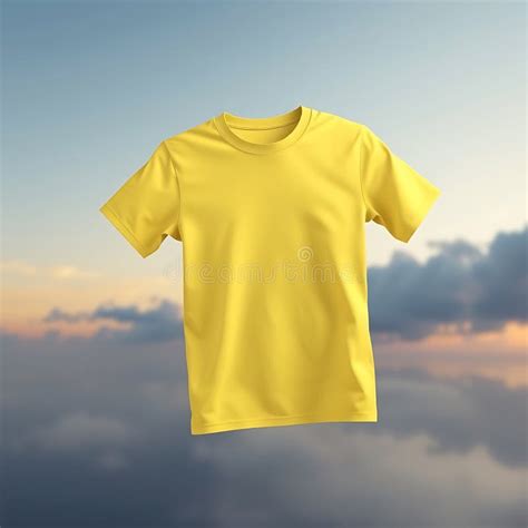 A Light Yellow T Shirt Mockup Floating Against A Calm Peaceful Sky