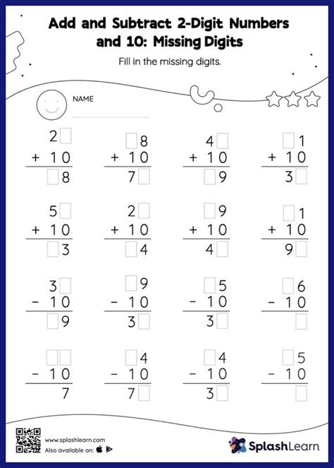 Add And Subtract 2 Digit Numbers And 10 Missing Digits Math Worksheets Splashlearn