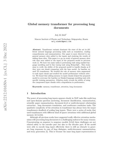 Global Memory Transformer For Processing Long Documents DeepAI