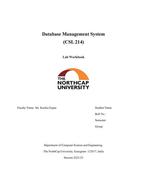 Dbms Lab Workbook B Dbms Database Management System Csl 214 Lab Workbook Faculty Name