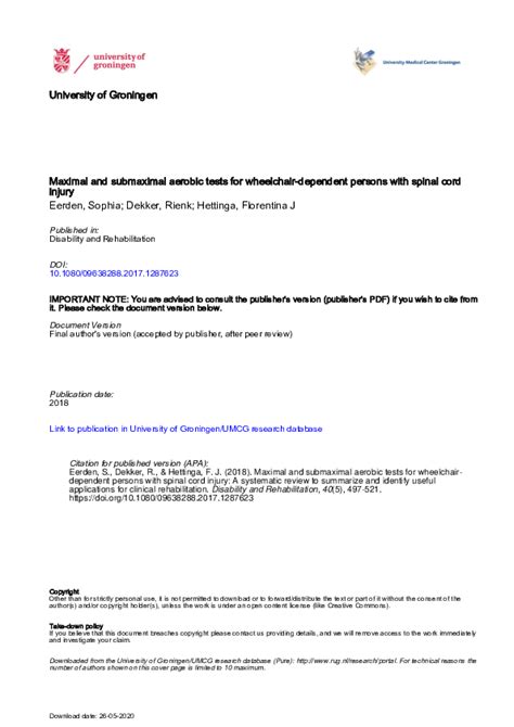 Pdf Maximal And Submaximal Aerobic Tests For Wheelchair Dependent