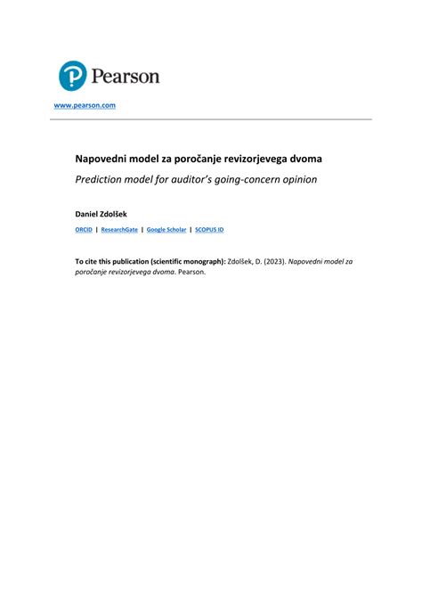 Pdf Prediction Model For Auditors Going Concern Opinion Napovedni Model Za Poročanje