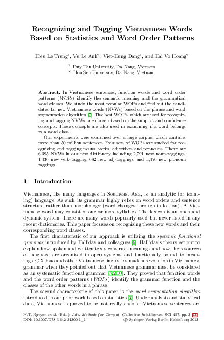 Pdf Recognizing And Tagging Vietnamese Words Based On Statistics And Word Order Patterns