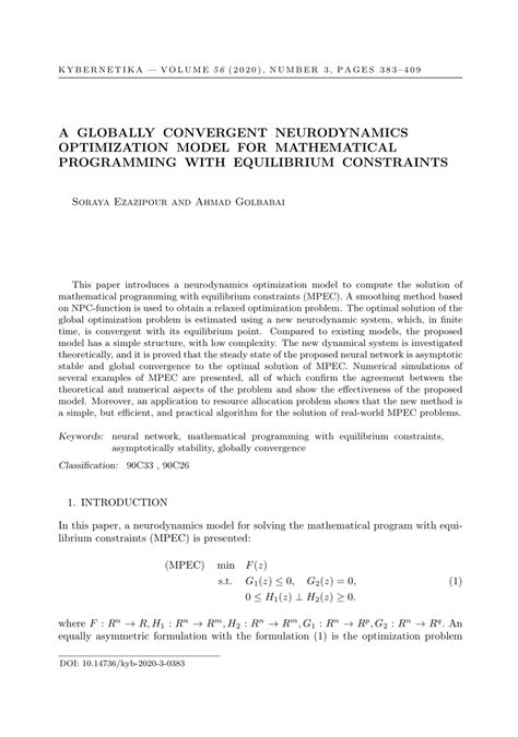 Pdf A Globally Convergent Neurodynamics Optimization Model For Mathematical Programming With