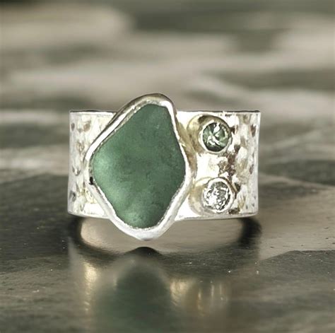 Silver Ring With Sea Glass Diamond And Green Sapphire Vintage Silver