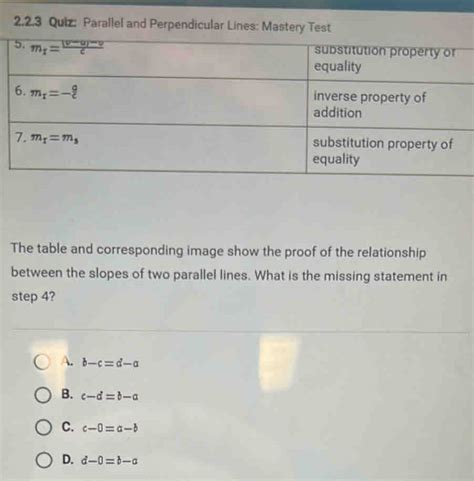 2 2 3 Quiz Parallel And Perpendicular Lines Mastery Test The Table And Corresponding Ima [math]
