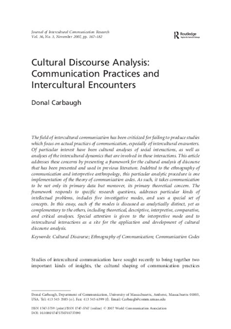 Pdf Cultural Discourse Analysis Communication Practices And Intercultural Encounters
