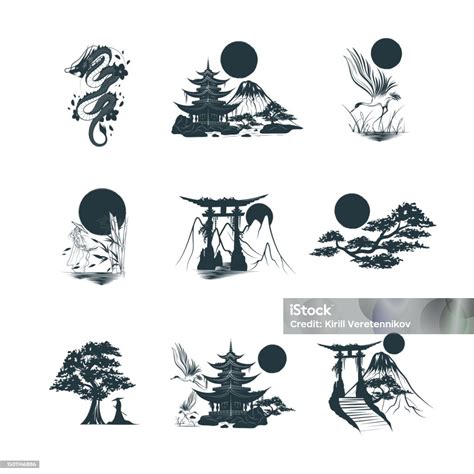 일본 미술 컬렉션 티셔츠 문신 프린트 및 스티커를 위한 9가지 디자인 요소 세트 손으로 그린 벡터 삽화는 흰색 배경에 분리되어 있습니다 토리 게이트에 대한 스톡 벡터 아트