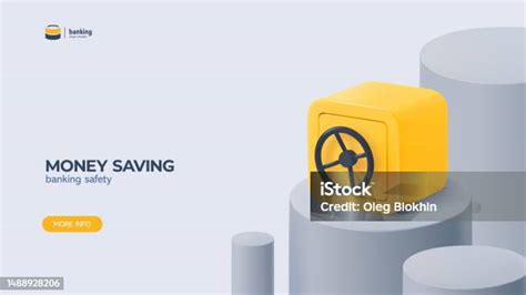 받침대 벡터 그림에 있는 3d 노란색 금고 닫힌 문 랜딩 페이지 템플릿이 있는 보안 상자입니다 금융 경제학 웹 배너입니다 비용 절감 3차원 형태에 대한 스톡 벡터 아트 및