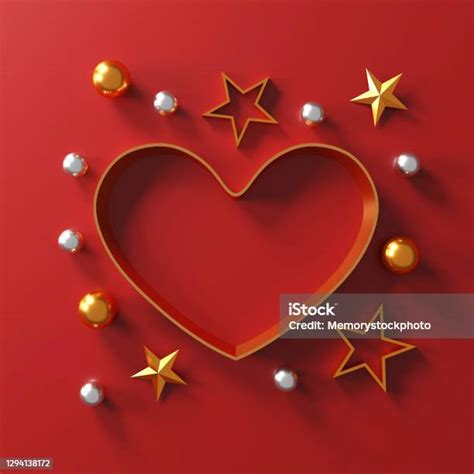 해피 발렌타인 데이 컨셉 빨간 배경에 하트 모양 선물 상자 텍스트 공간을 사용할 수 있습니다 플랫 레이 맨 위 보기입니다 3d 일러스트레이션 개념에 대한 스톡 사진 및 기타