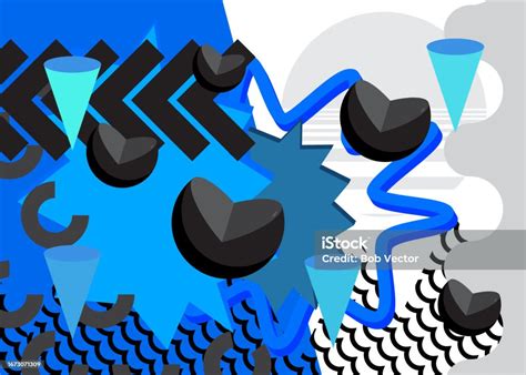 블랙 블루 화이트 기하학적 그래픽 복고풍 테마 커버 최소한의 기하학적 요소 포스터 디자인 포스터 배너를 위한 빈티지 추상 모양 템플릿입니다 검은색에 대한 스톡 벡터 아트 및