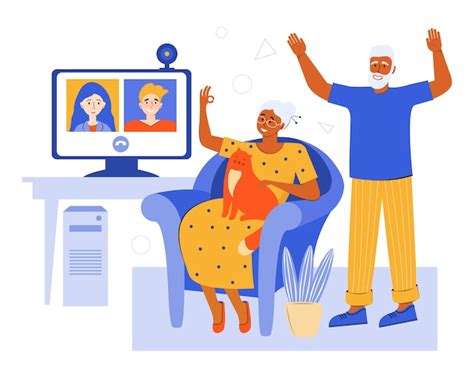 Casal de idosos online via chat por vídeo em casa videoconferência