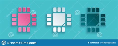 Paper Cut Computer Processor With Microcircuits CPU Icon Isolated On Blue Background Chip Or