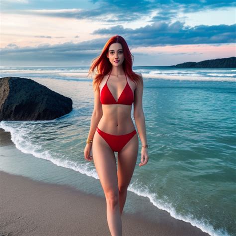 Beautiful Red Head Pale Skin Frickled Skin Woman In A Bikini At The