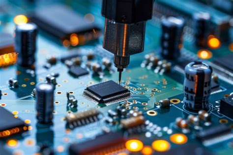 Closeup Of A Robotic Arm Assembling Electronic Components On A Circuit Board Premium Ai