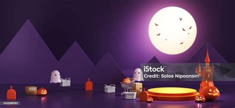 달과 호박 연단 받침대 제품과 할로윈 쇼핑 배경 3d 렌더링 표시 10월에 대한 스톡 사진 및 기타 이미지 10월 3차원 형태 강단 Istock