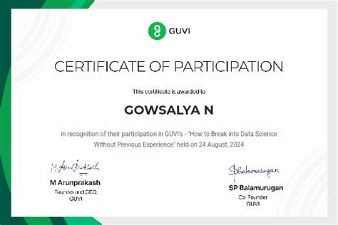 Completed Data Science Without Previous Experience Program Gowsalya