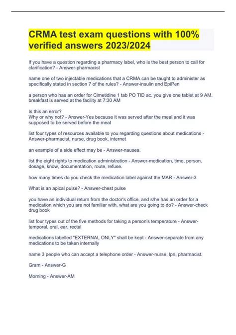 Crma Test Exam Questions With 100 Verified Answers Certified Residential Medication Aide