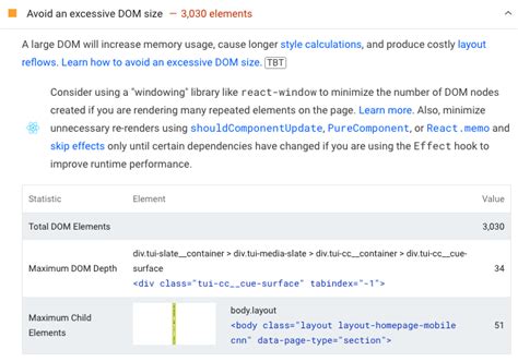 avoid an excessive dom size for better web performance debugbear