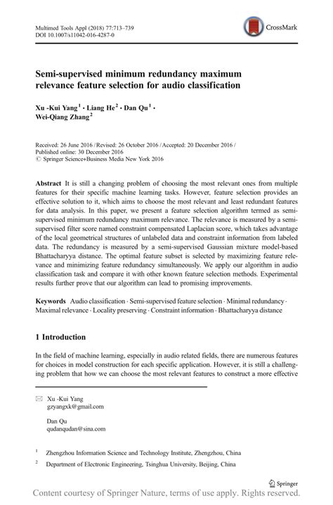semi supervised minimum redundancy maximum relevance feature selection