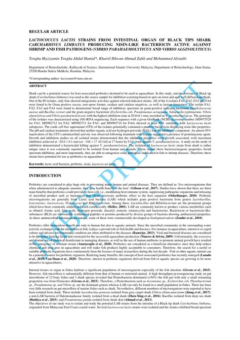 Pdf Lactococcus Lactis Strains From Intestinal Organ Of Black Tips Shark Carcharhinus Limbatus