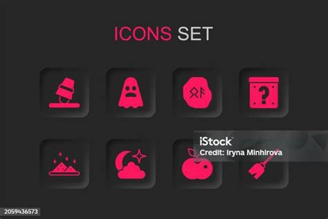 달과 별 유령 게임 골무 독 사과 미스터리 박스 마녀 빗자루 마법 룬 및 가루 아이콘을 설정합니다 벡터 가능성에 대한 스톡 벡터 아트 및 기타 이미지 Istock