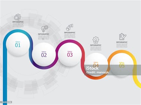 추상 라운드 서클 단계 타임라인 인포그래픽 요소 보고서 배경 비즈니스 라인 아이콘 5단계 0명에 대한 스톡 벡터 아트 및 기타 이미지 0명 개발 광고 Istock