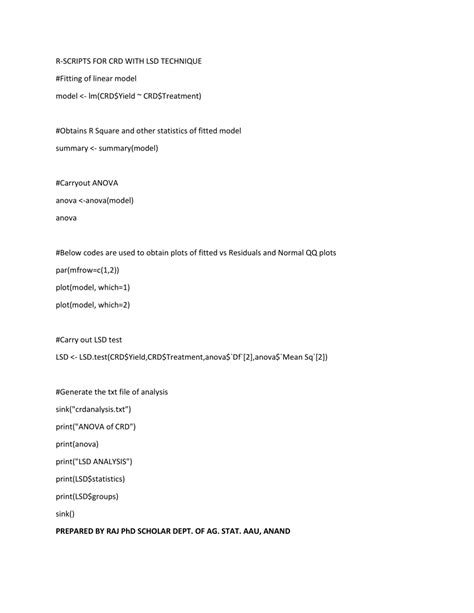 Pdf R Script For Completely Randomized Block Design Analysis Along With Lsd Test