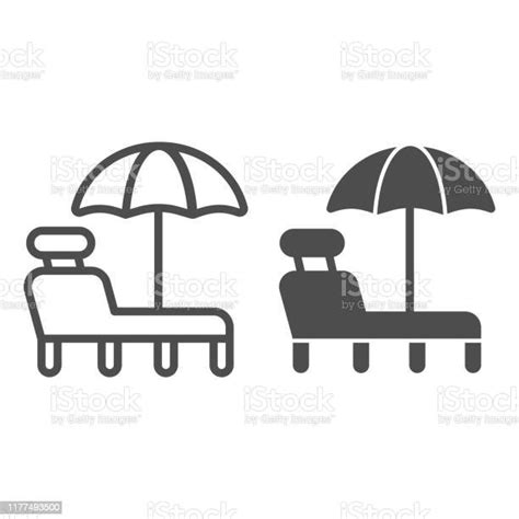 우산 라인과 글리프 아이콘비치 의자 흰색으로 격리된 데크 체어 벡터 그림입니다 웹 및 응용 프로그램을 위해 설계된 비치 라운지 개요 스타일 디자인 Eps 10 0명에 대한