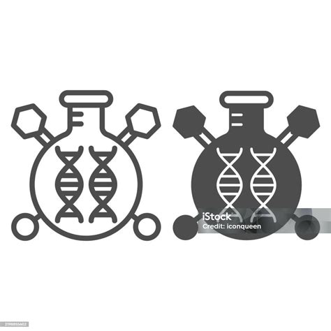 Dna 샘플 플라스크 라인과 솔리드 아이콘 유전자 연구 개념 벡터 그래픽 흰색 배경에 Dna 체인 기호가 있는 의료용 유리 모바일 또는 웹 디자인용 개요 스타일 아이콘