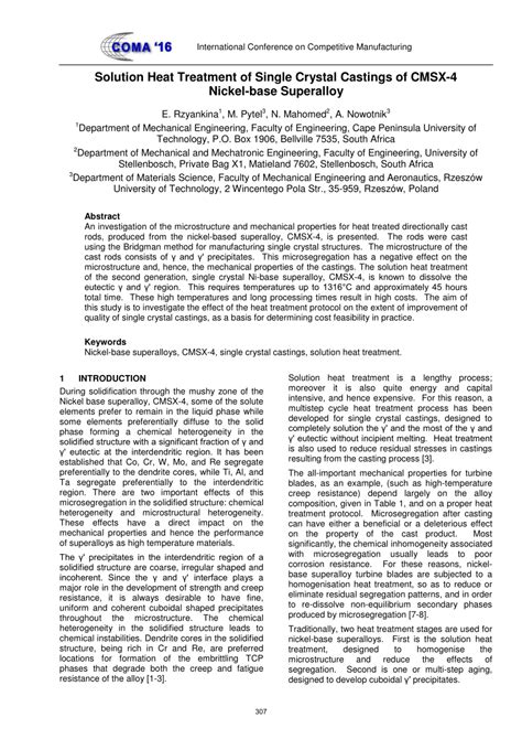 Pdf Solution Heat Treatment Of Single Crystal Castings Of Cmsx 4 Nickel Base Superalloy