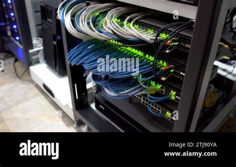 Hub Cable Network Close Up Ethernet Cables Connected To Modem Information And Data Concept