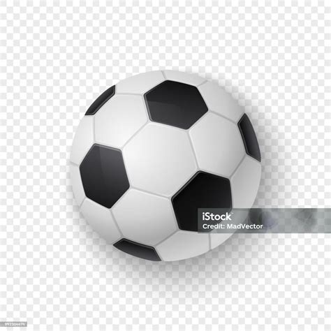 현실적인 3d 흰색과 검은색 클래식 축구 축구 공 아이콘 근접 촬영 투명도 격자 배경에 고립 된 벡터 그래픽 디자인 서식 파일